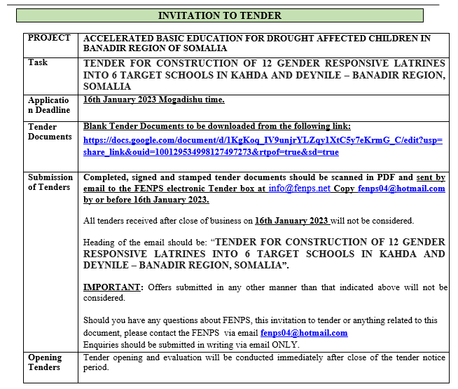 Tender For Construction Of 12 Gender Responsive Latrines Into 6 Target Schools In Kahda And ...